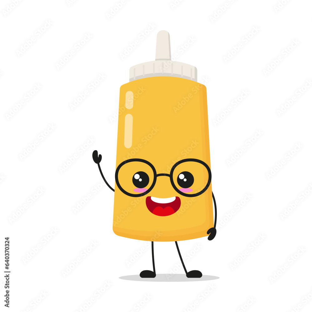 Cute happy mustard sauce bottle wear eyeglasses character. Smiling and ...