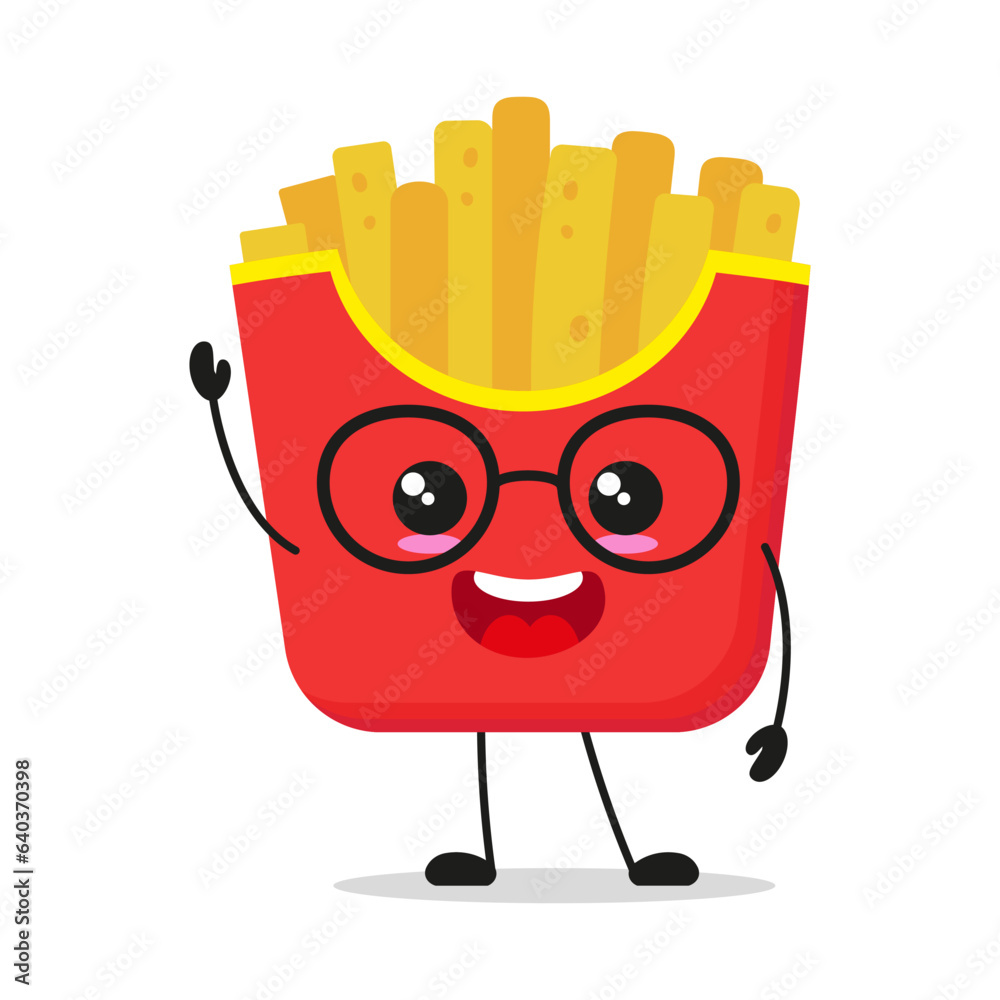 Cute happy french fries wear eyeglasses character. Smiling and greet ...