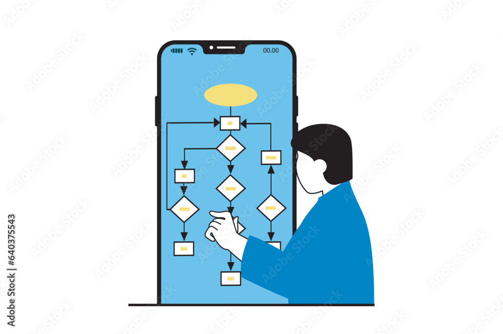 App development concept with people scene in flat web design. Man ...