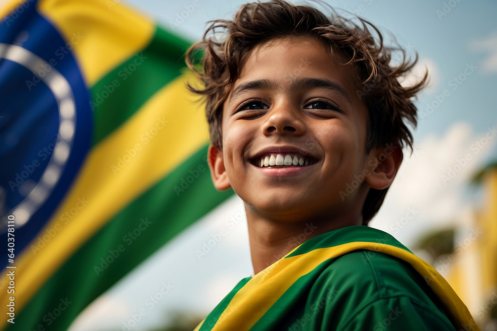 Kid Celebrating Brazil Independence Day Next in Country Flag, Cinematic ...