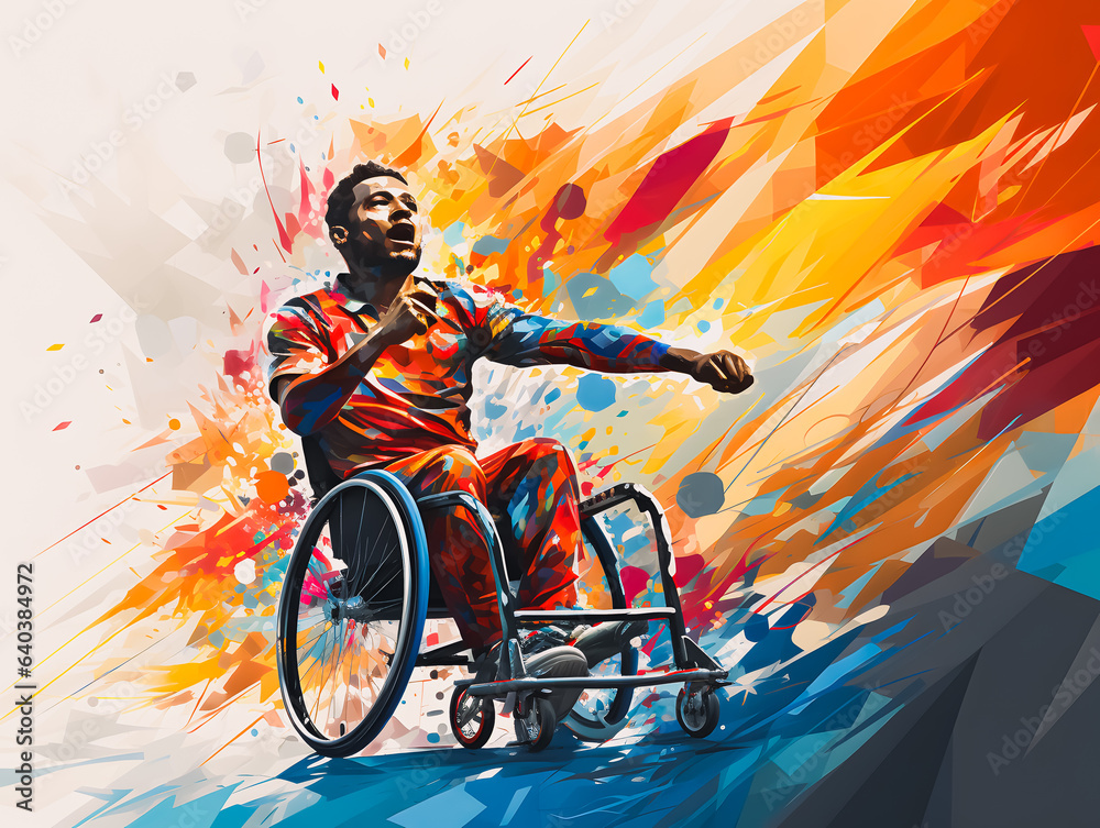 Silhouette of a disabled man in a wheelchair practicing sports. Colored ...