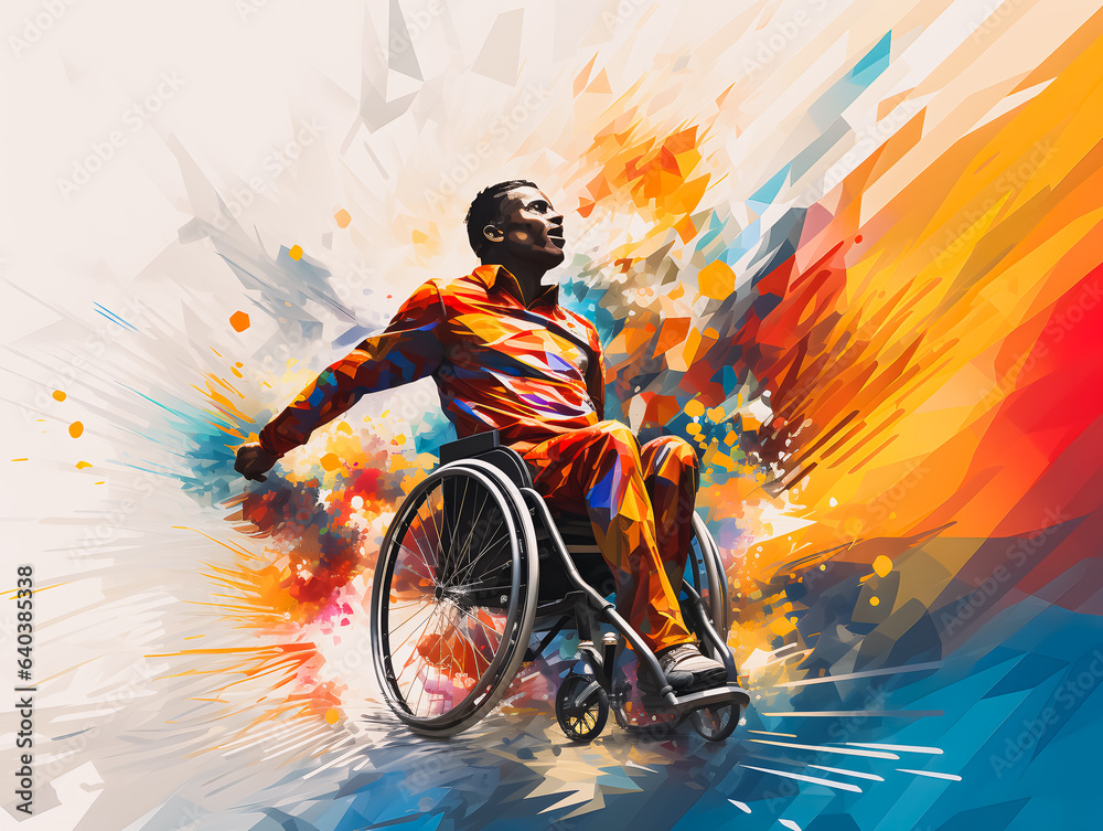 Silhouette of a disabled man in a wheelchair practicing sports. Colored ...