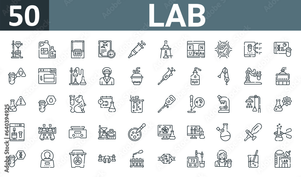 Vetor do Stock: set of 50 outline web lab icons such as stirrer, chemicals, analytical balance ...