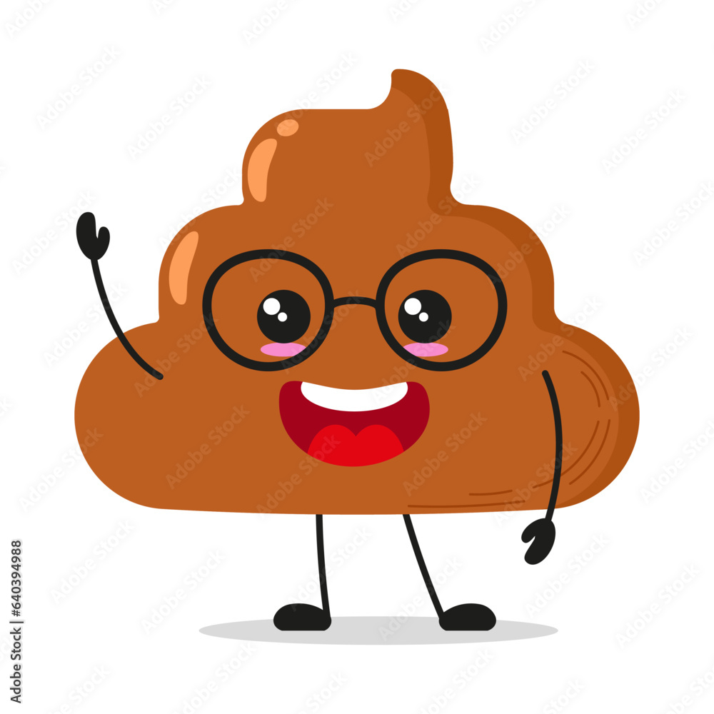 Cute happy poo character wear eyeglasses. Smiling and greet stool ...