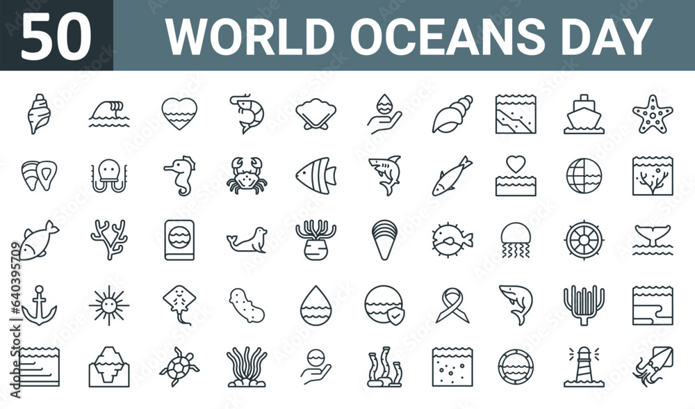 Vetor de set of 50 outline web world oceans day icons such as sea snail ...