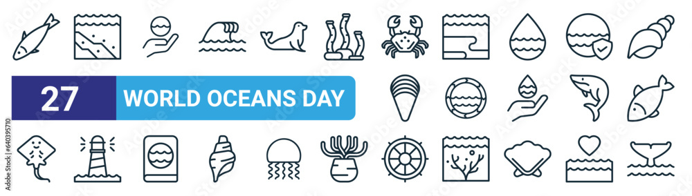 set of 27 outline web world oceans day icons such as sardine, sea floor ...