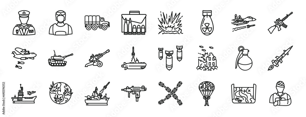 set of 24 outline web war icons such as military, soldier, military ...