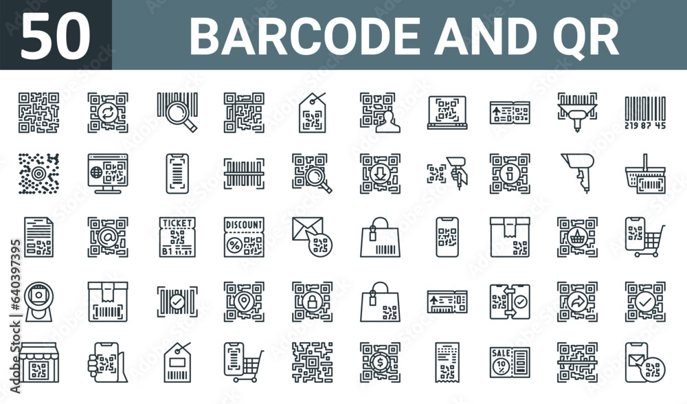 Vetor de set of 50 outline web barcode and qr icons such as qr code, qr ...