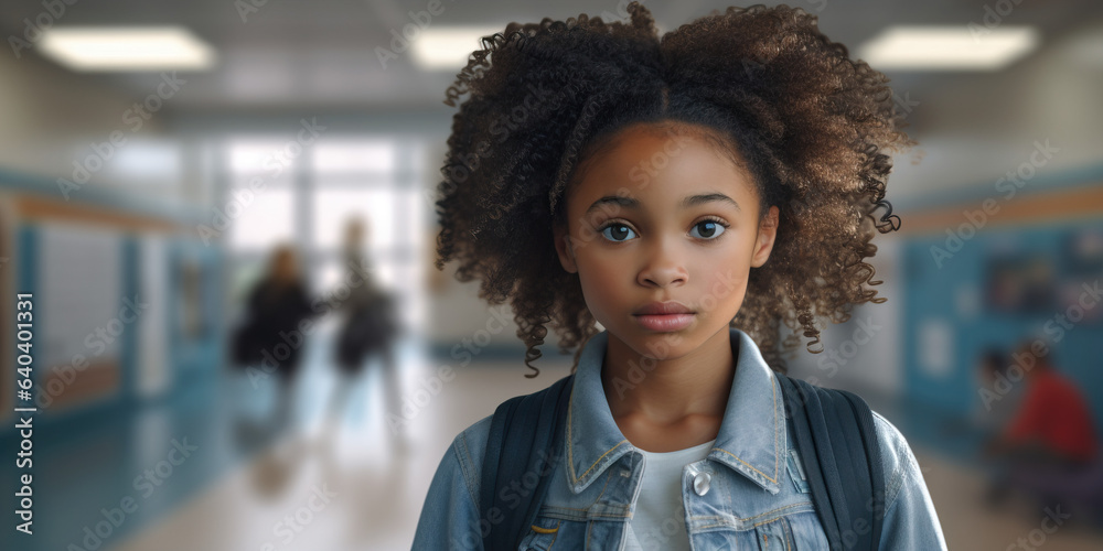 Young black girl with afro in a school setting interior. Concept of ...