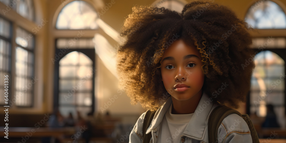 Young black girl with afro in a school setting interior. Concept of ...