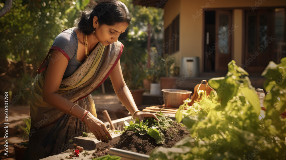 Indian woman composting in her backyard. Concept of Sustainable ...