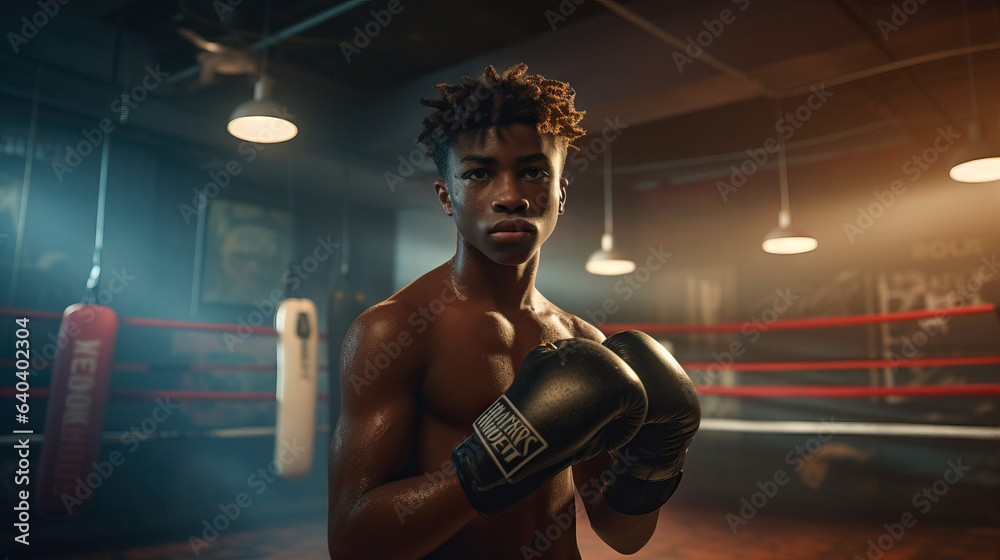 Young strong black teen boy in boxing gym training with gloves. Concept ...