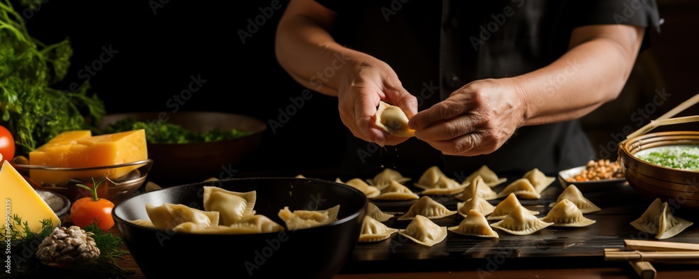 professional chef hands wrapping and filling preparing ravioli dough ...