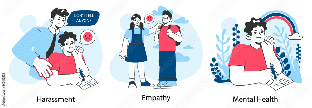 School bullying set. Upset victim being bullied and shamed by others ...