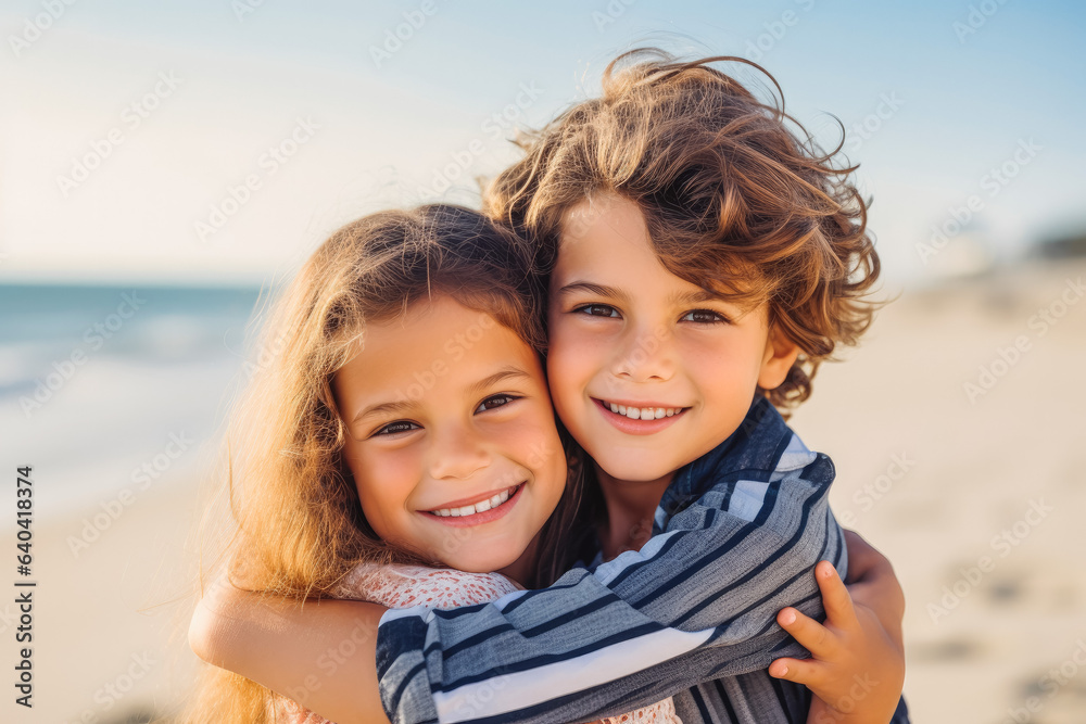 Siblings hugging at the beach on a sunny day on vacation. Cute smiling ...