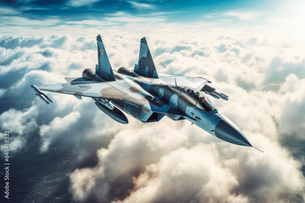 Military fighter jet above the clouds. Military equipment plane. Stock ...