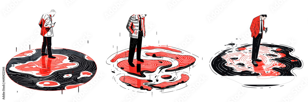 inspector checks for water damage in minimalistic, black and red line ...