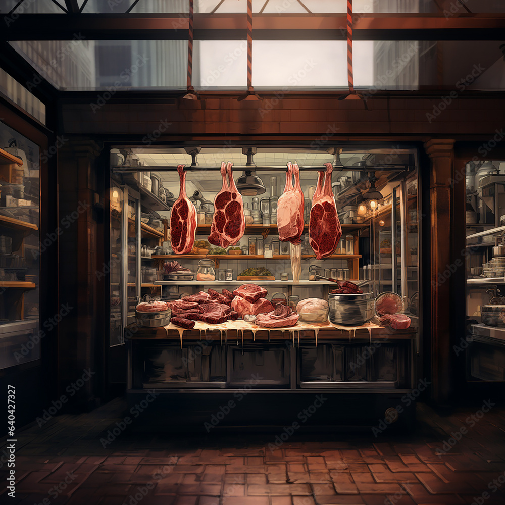 Butcher shop window. Meat trade.. Stock Illustration | Adobe Stock
