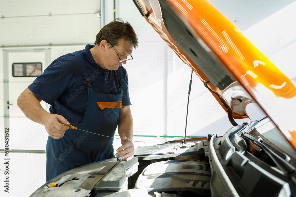 Auto mechanic checking the car engine oil level with dipstick in an expensive clean car service ...