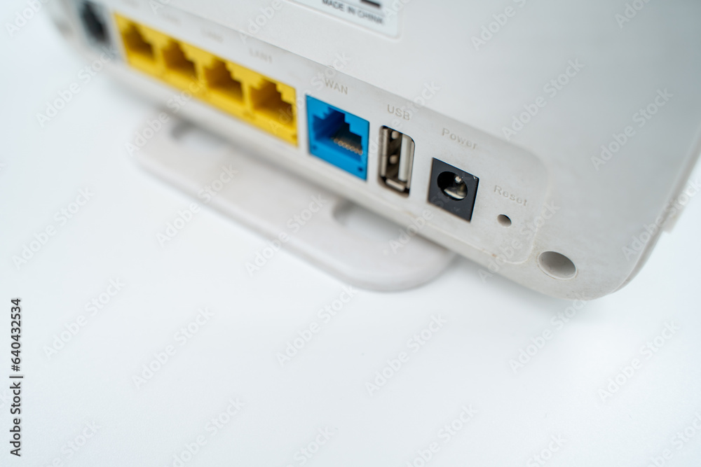 Reset, power, usb and wan inputs of the modem device. Stock Photo ...