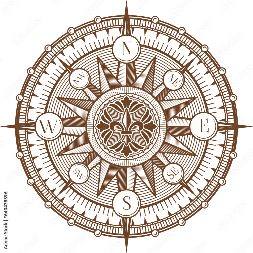 Vintage Medieval antique wind rose compass with marine navigation ...