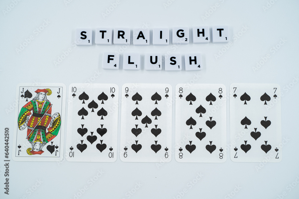 Straight flush playing cards with Scrabble letters isolated on white ...