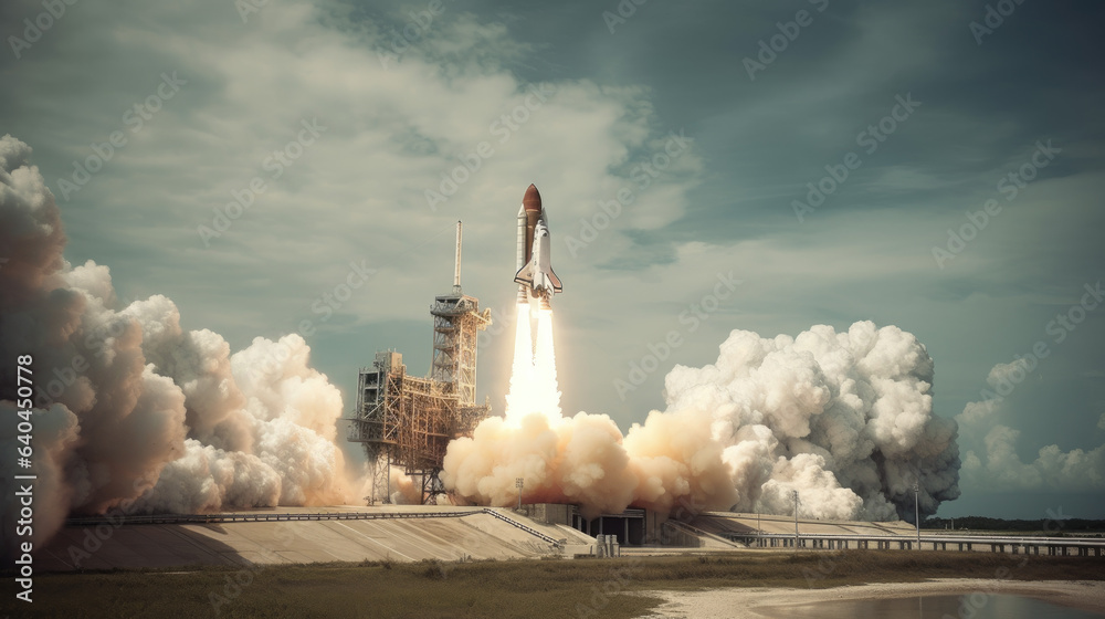 Successful launch of the space shuttle in smoke and blastoff. The ...