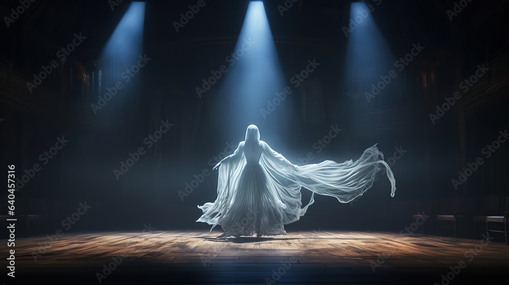 Ghost ballerina dance on old theater stage at night. cartoon ...