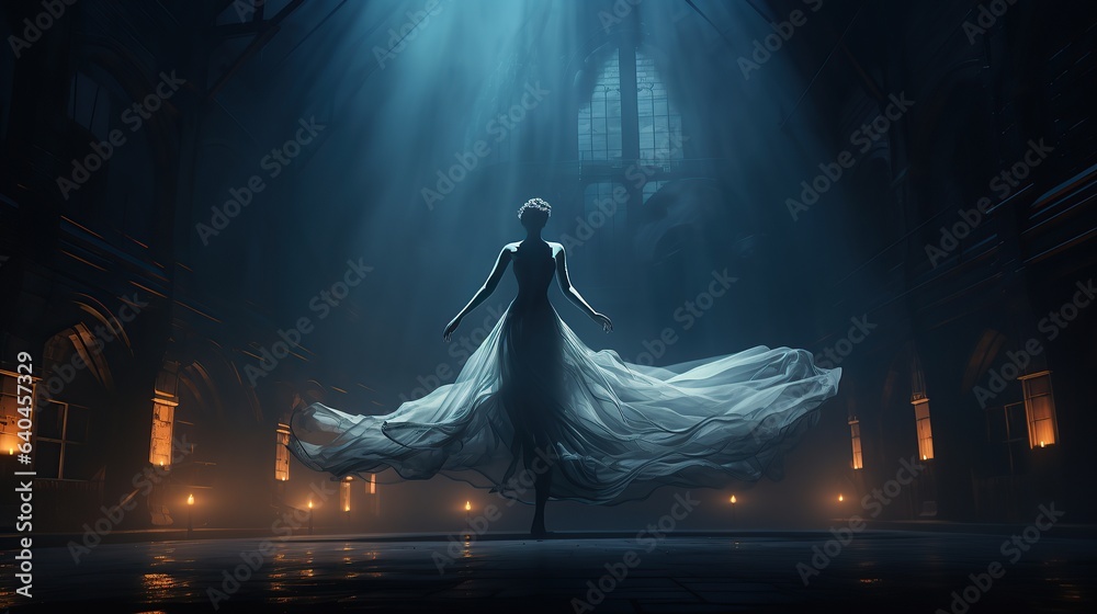 Ghost ballerina dance on old theater stage at night. cartoon ...