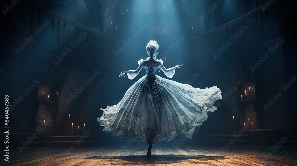 Ghost ballerina dance on old theater stage at night. cartoon ...
