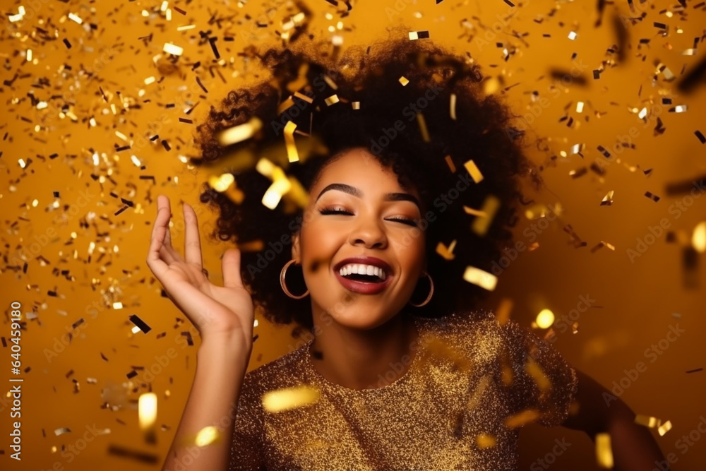 Pretty young happy expressive afro-american woman with the golden ...