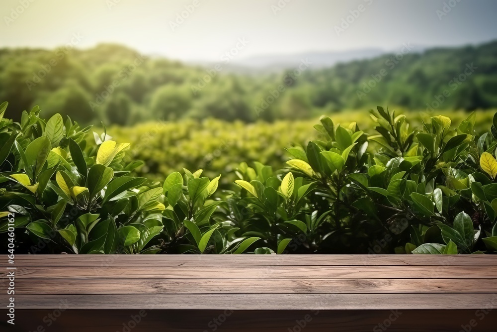 Empty wooden table or wooden desk with tea plantation generative ai ...