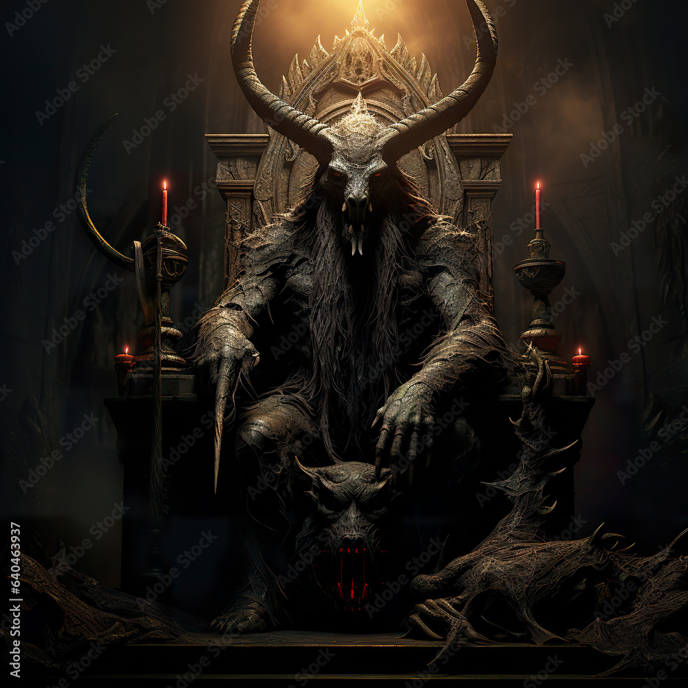 Figure of Baphomet with long beard sitting on his throne. Baphomet ...