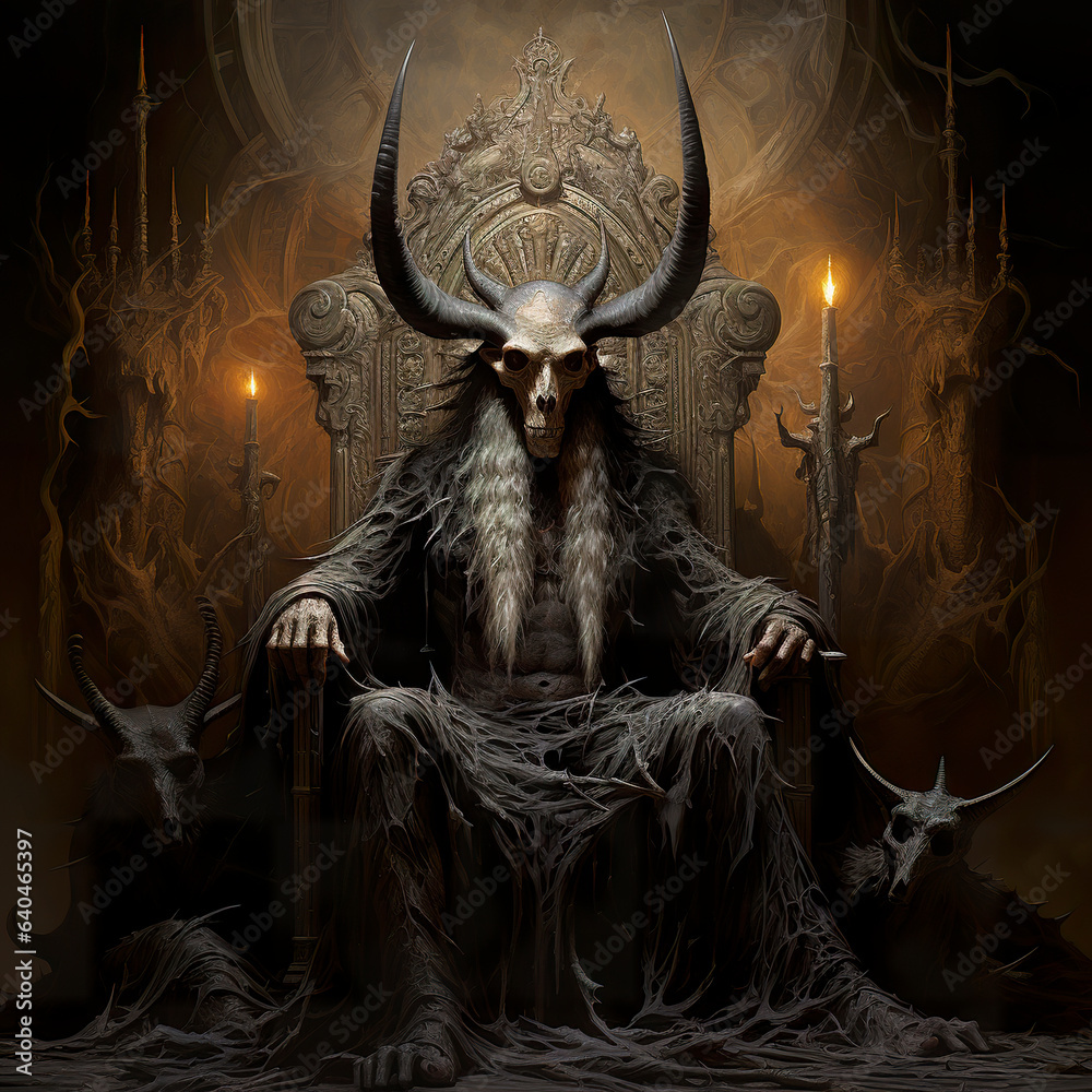 Figure of Baphomet with long beard sitting on his throne. Baphomet ...