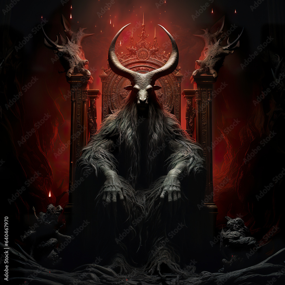 Figure of Baphomet with long beard sitting on his throne. Baphomet ...