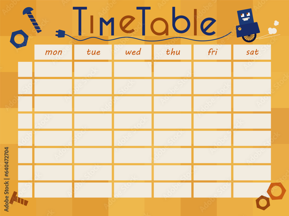 School timetable template for boys, with a cute cartoon robot, cable ...