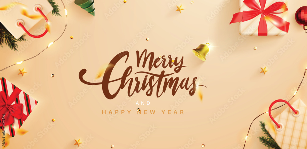 Top vew of 3D realistc Christmas background with gift box and christmas ...