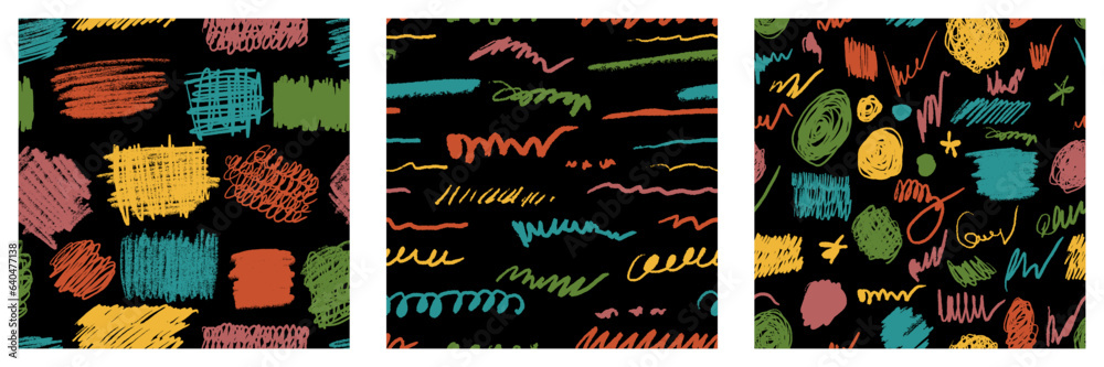 Scribbles set and seamless pattern. Hand drawn colorful pencil curly ...