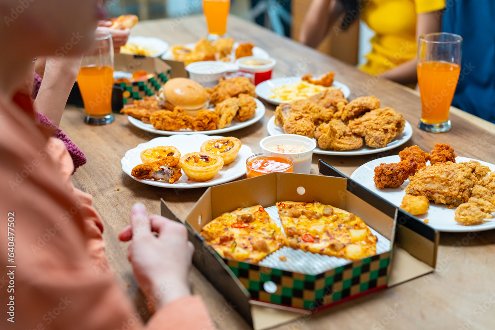 Group of Young Asian man and woman friends having dinner party eating ...