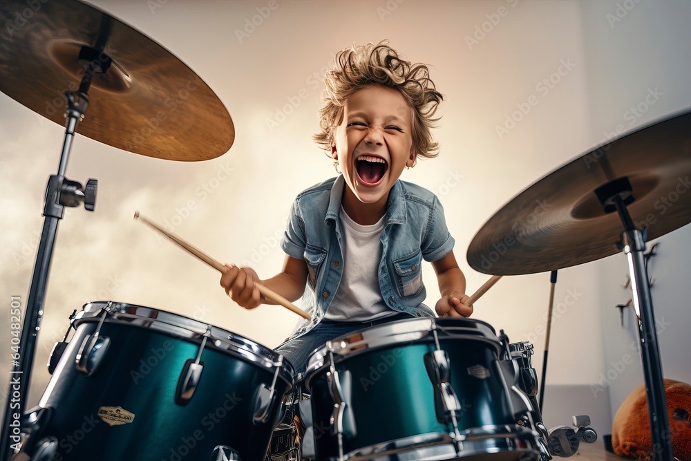 Young boy passionately playing the drums, expressing his musical talent ...
