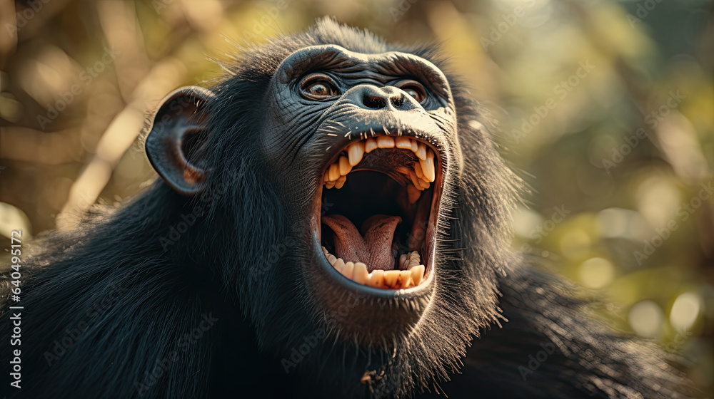 An angry roaring chimpanzee (Pan) with a gaping mouth showing its large ...