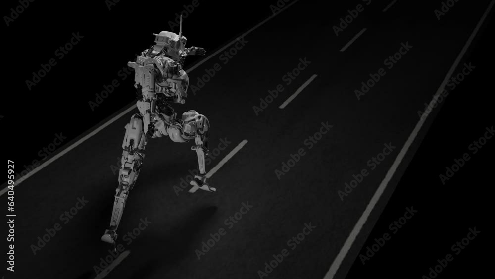 robot, android running, road in the dark, black background, 3d render ...