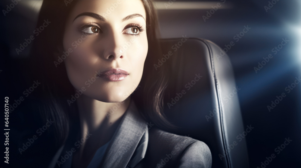 Fashion photo of young businesswoman travels business class aboard a ...