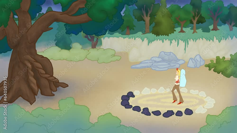 Female tourist on a hiking trail finding oak tree and ancient temple ...