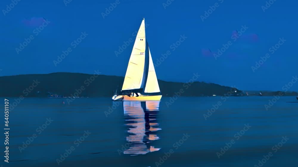 Cartoon animation of small boat sailing at night with dark blue sky and ...