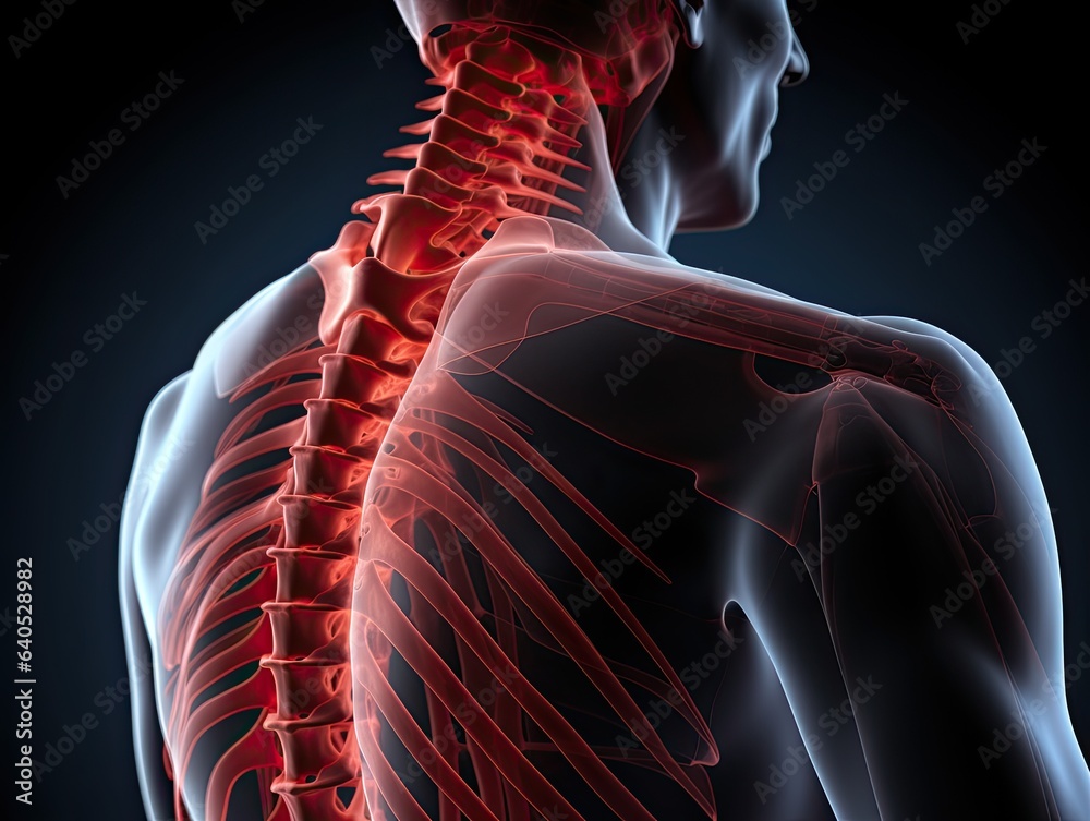 X-ray of male rib cage with highlighted pain areas in spine and neck ...