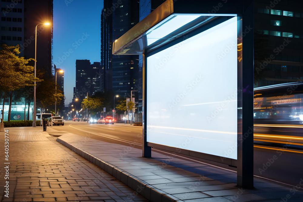 Empty white blank street billboard at night, blank white glowing ...