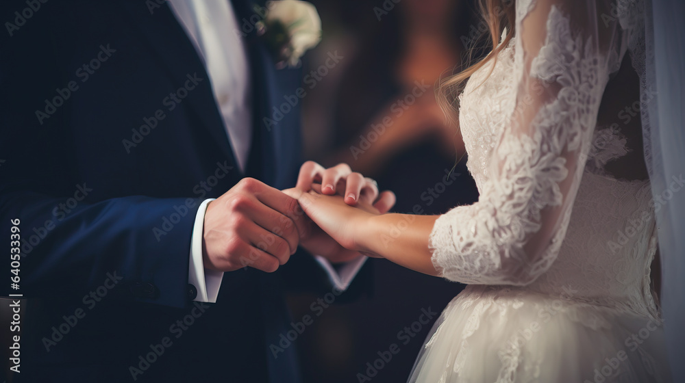 Close up of a newly wed married couple with hands and rings on the ...