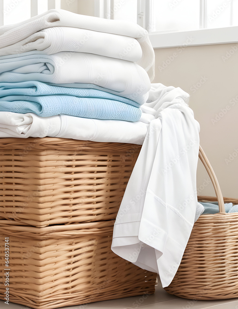 Laundry Day Bliss: Neatly Stacked Clean Clothes and Wicker Basket ...
