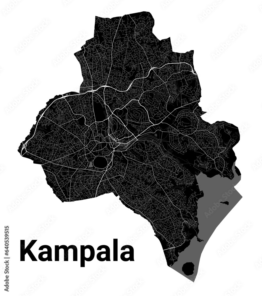 Kampala, Uganda map. Detailed black map of Kampala city poster with ...